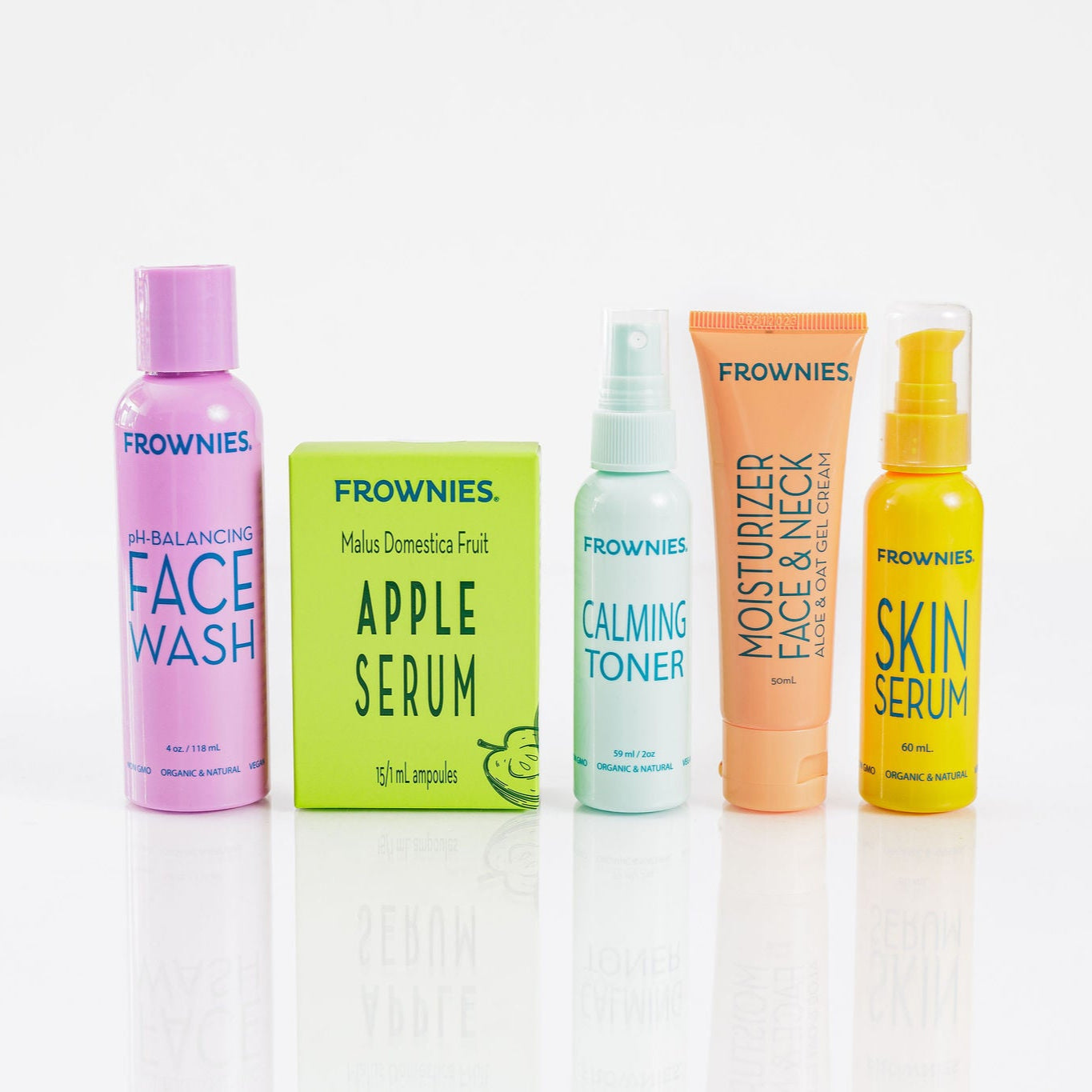 Group of Frownies products - face wash, apple serum, calming toner ...